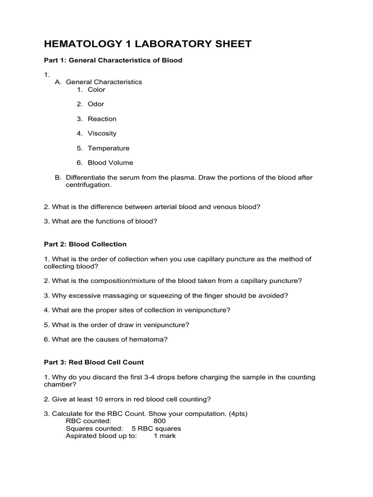 Hematology 1 Laboratory Sheet | PDF | White Blood Cell | Red Blood Cell