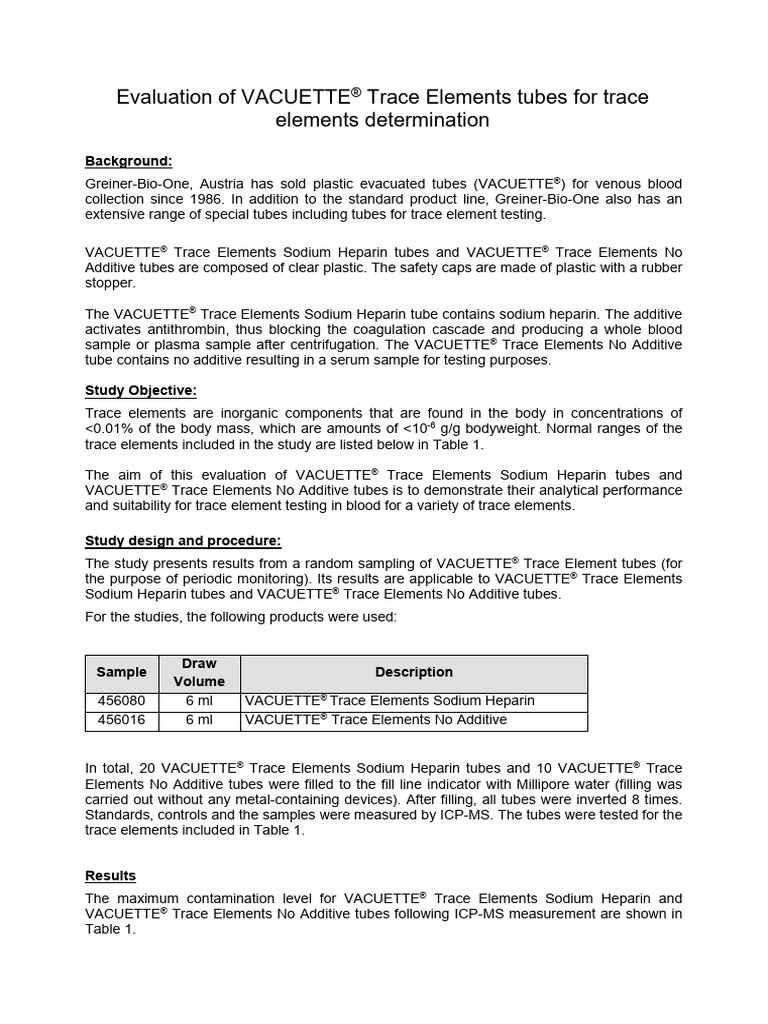 Evaluation of Trace Elements Tubes | PDF | Blood Plasma | Medicine