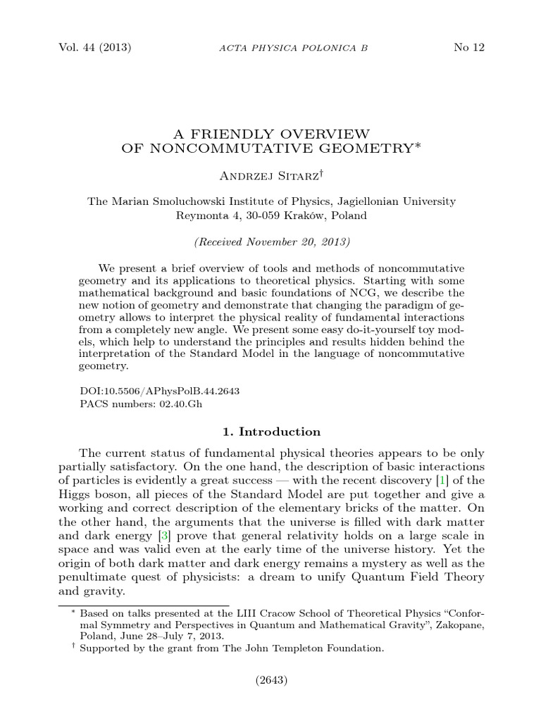 A Friendly Overview of Noncommutative Geometry-Andrzej Sitarz | PDF ...