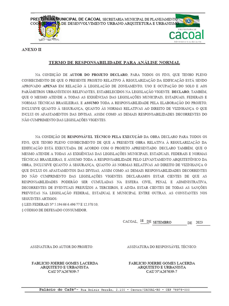 Anexo Ii Termo De Responsabilidade Dirce Bohn Pdf Urbanismo