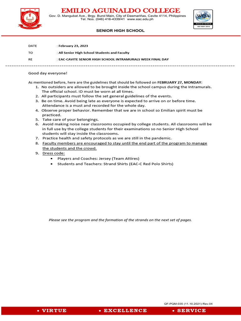 Final Day 3rd Senior High School Intramurals | PDF