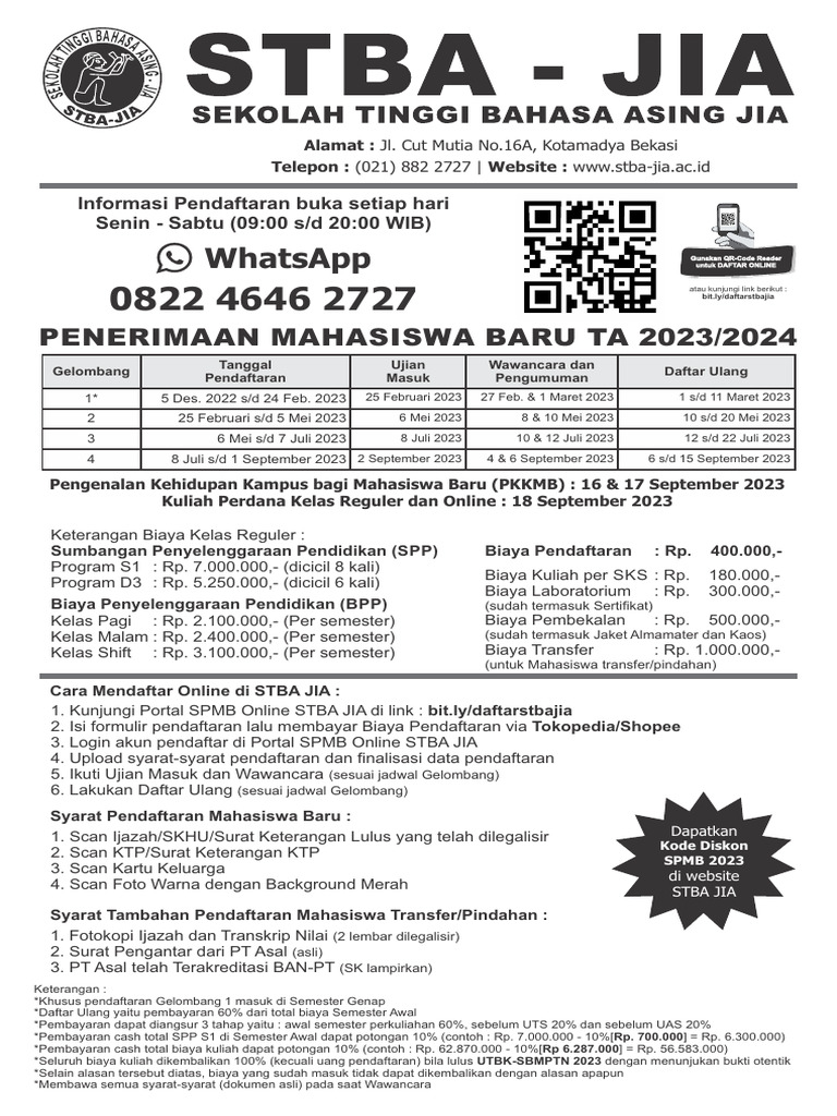 Biaya Kuliah STBA JIA 2023/2024 | PDF