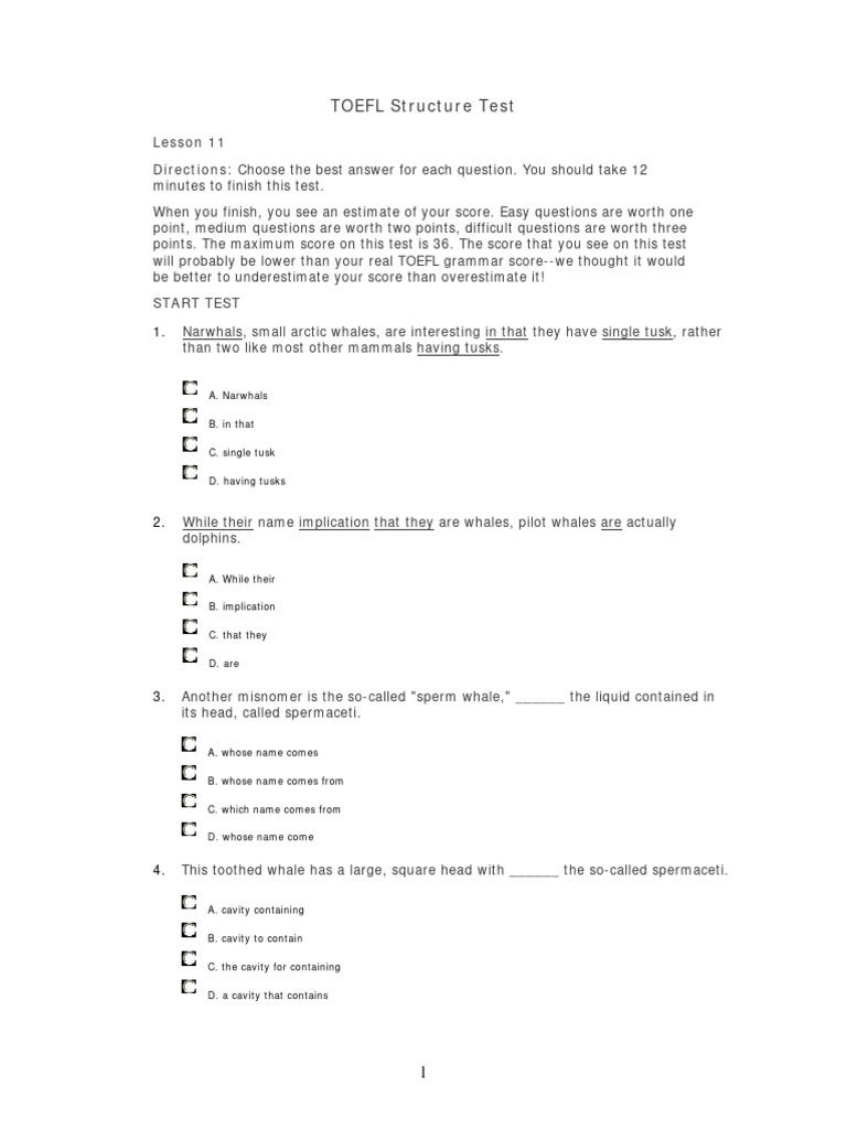 TOEFL Structure Test | PDF | Whales