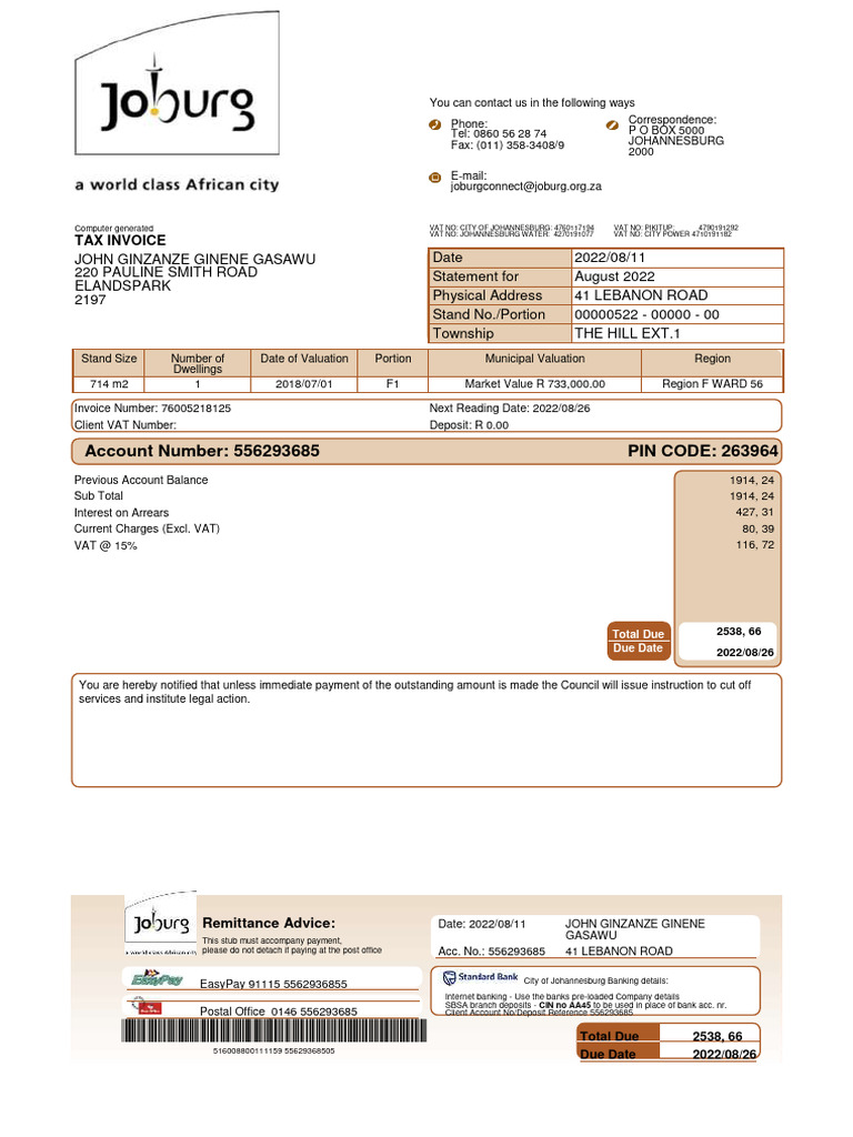 Johannesburg Tax Invoice Details | PDF | Value Added Tax | Invoice