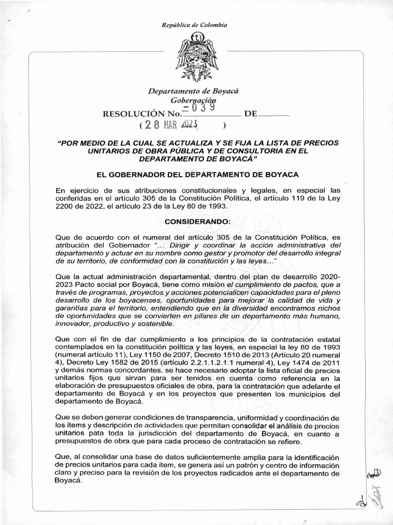 RESOLUCIÓN 039 de 2023 | Descargar gratis PDF | Presupuesto | Constitución