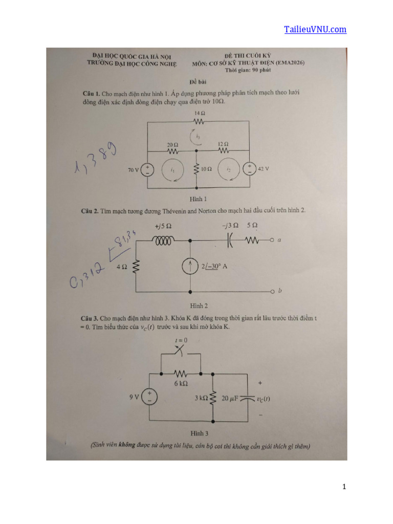 Đề thi Cơ sở kỹ thuật điện kỳ 1 năm học 2020-2021 - UET | PDF