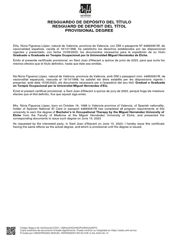 Resguardo Expedición Titulo (Titulo Provisional) | PDF