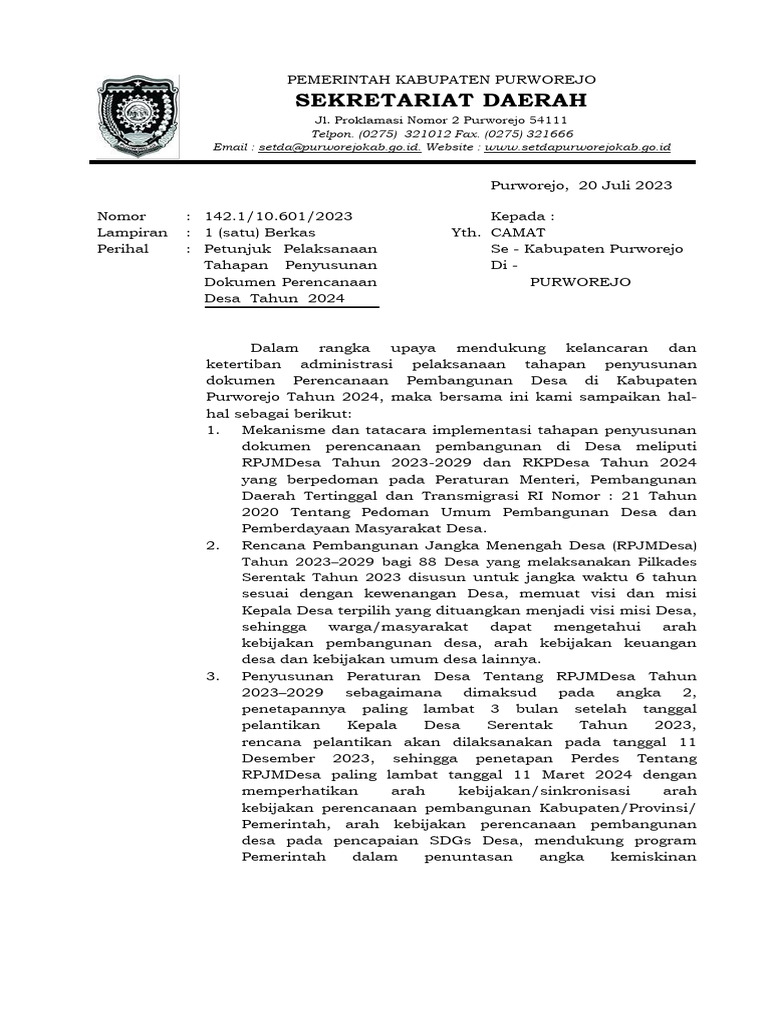 SE Petunjuk Pelaksanaan Tahapan Penyusunan Dokumen Perencanaan Desa ...