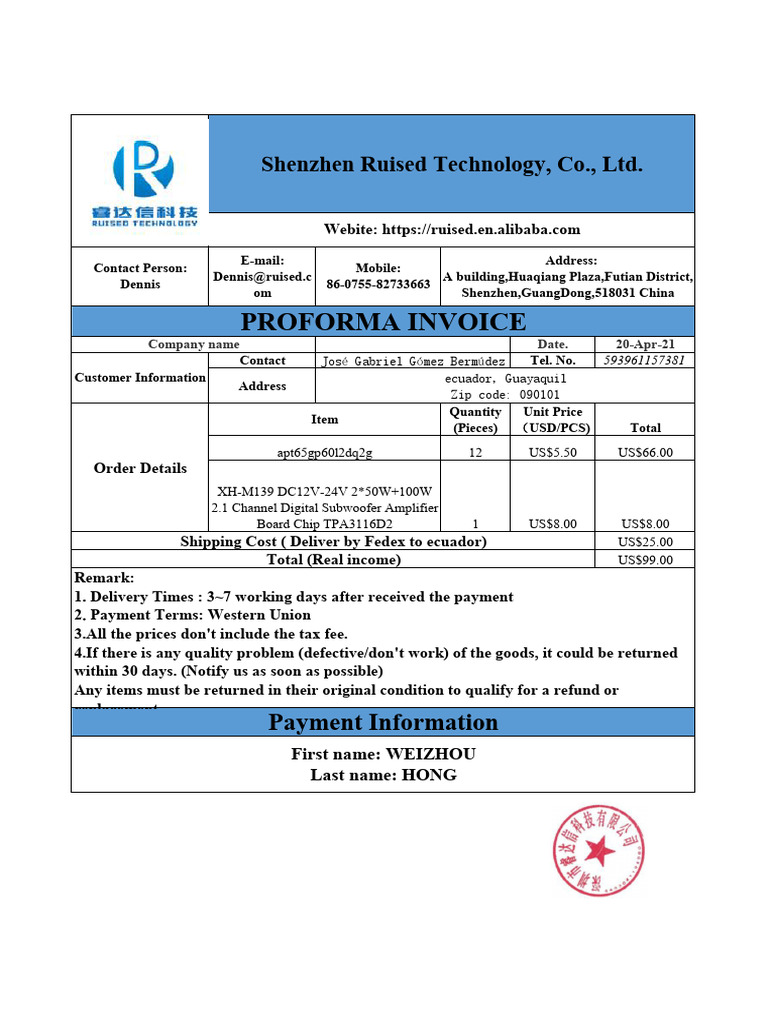 Proforma Invoice: Shenzhen Ruised Technology, Co., LTD | PDF