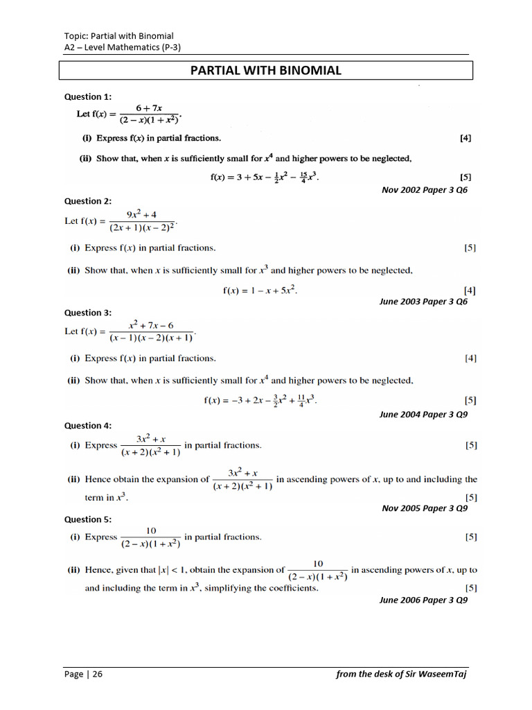 Partial Fractions Past Paper Questions | PDF