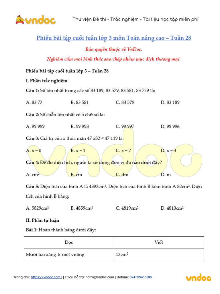 Phieu Bai Tap Cuoi Tuan Lop 3 Mon Toan Nang Cao Tuan 28 | PDF