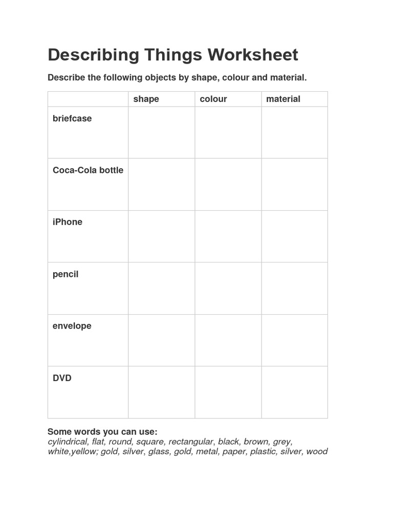 Describing Things Worksheet | PDF
