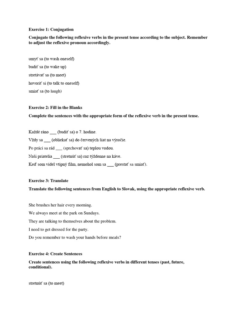 Reflexive Verbs Exercises | PDF