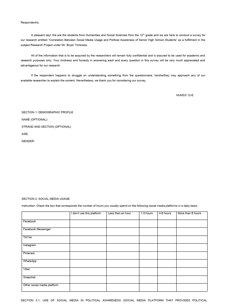 Social Media and Political Awareness Survey | PDF | Social Media ...