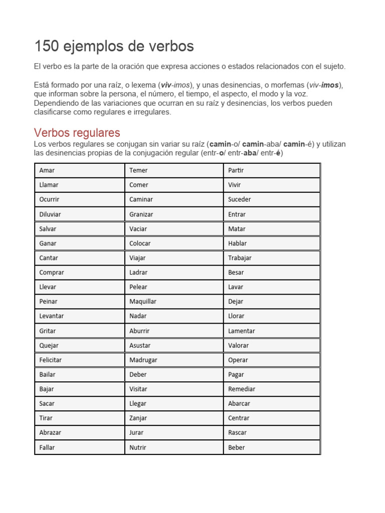 150 Ejemplos de Verbos en Español | PDF | Verbo | Gramática