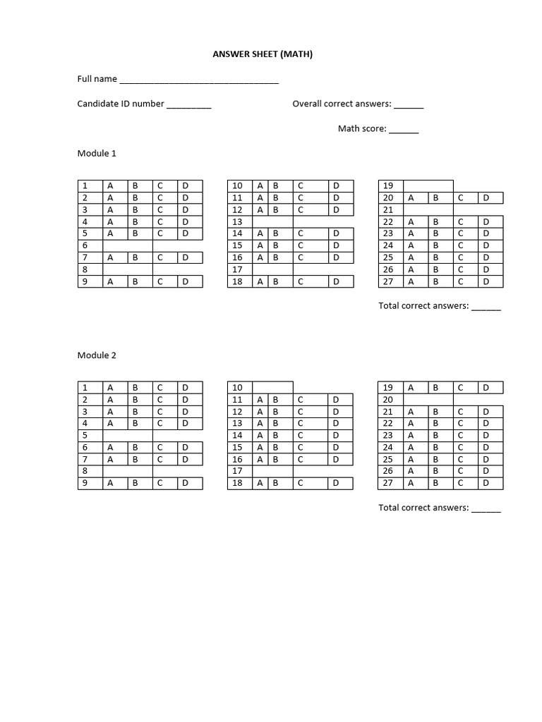 Math Answer Sheet | PDF