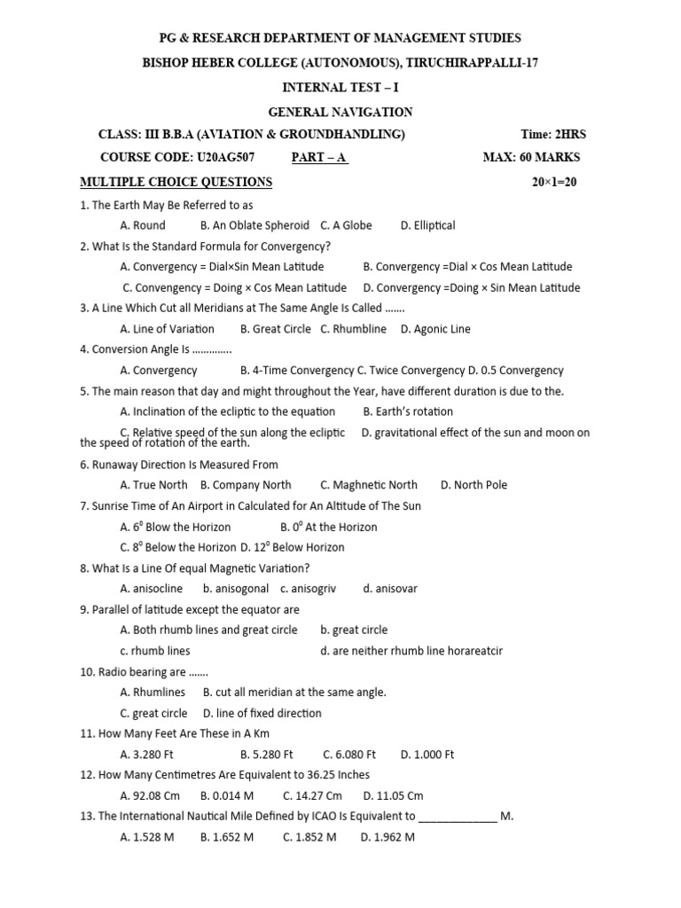 Aviation Navigation Internal Test Questions | PDF | Latitude | Compass