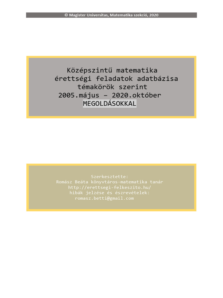 2020 MO Közép Matek Adatbázis - Megoldásokkal | PDF