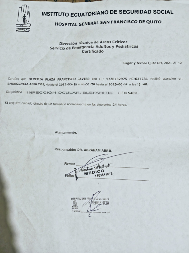 Iess Certificado Médico Paciente Heredia Plaza Francisco Javier | PDF