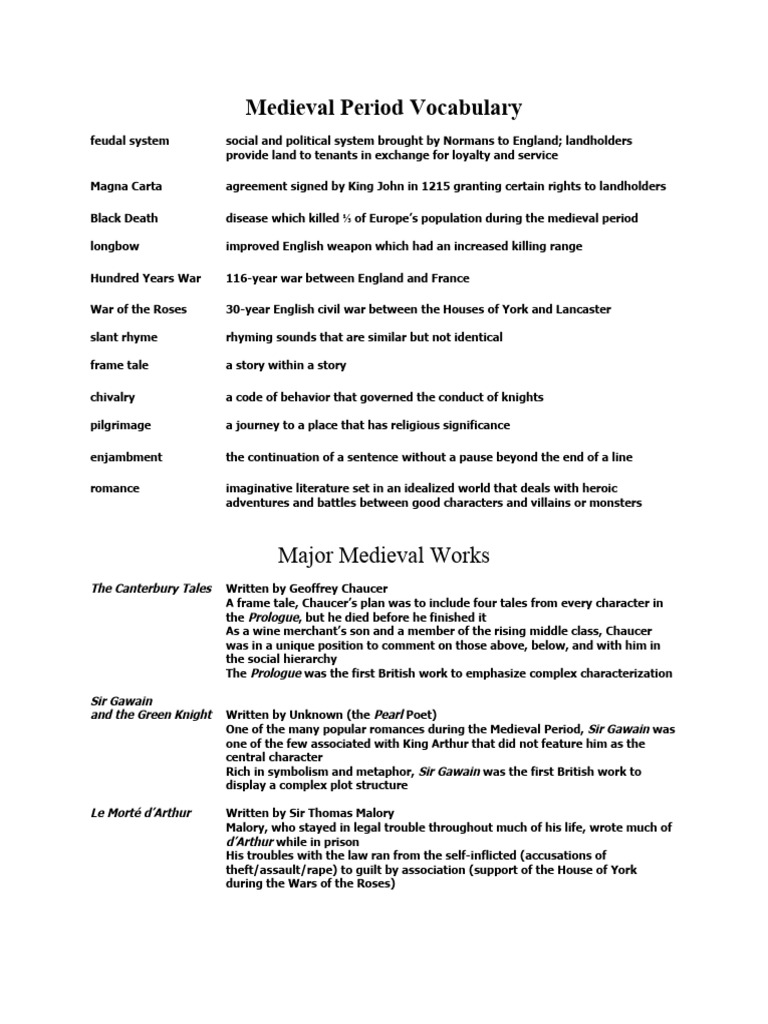 Medieval Period Vocabulary and Major Works | Download Free PDF | Le ...