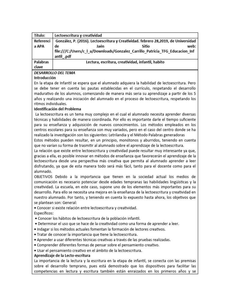 Ficha Lectoescritura y Creatividad | PDF | Aprendizaje | Escritura