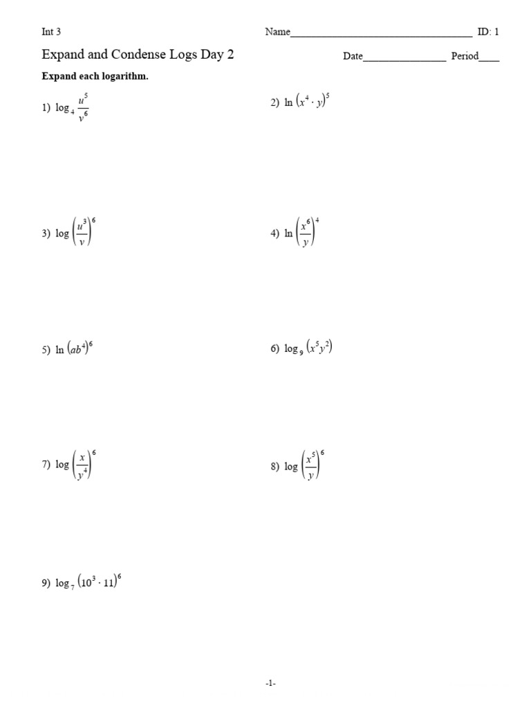 Expand and Condense Logarithms Worksheet | PDF | Arithmetic | Number Theory