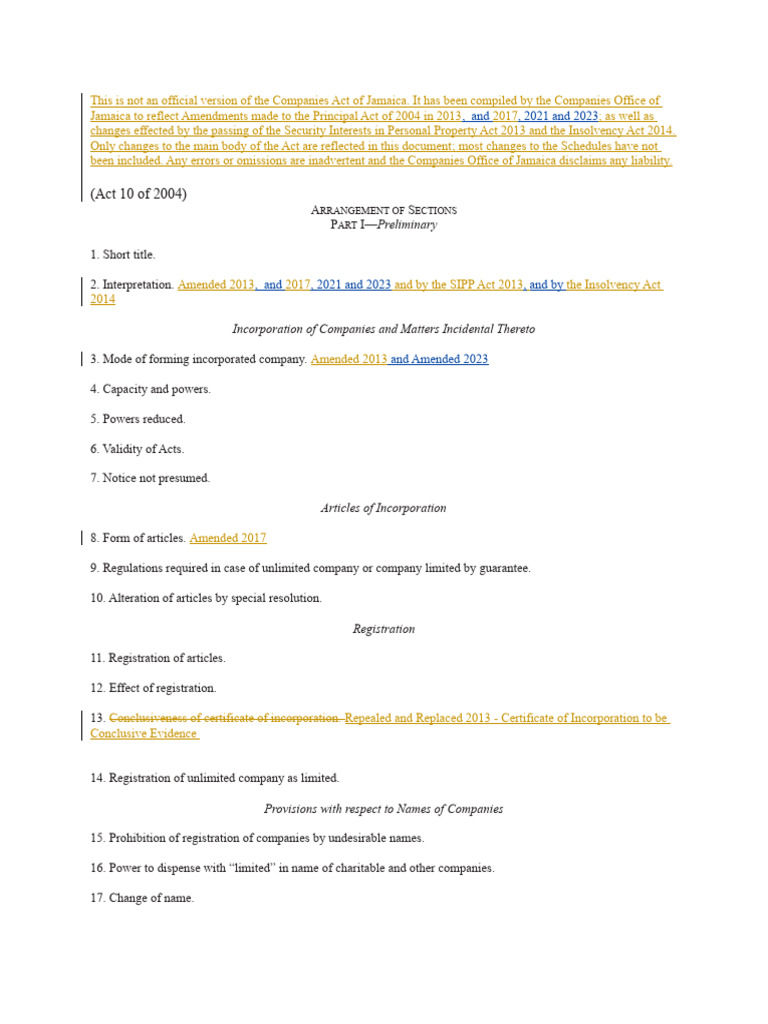 Jamaica Companies Act Amendments Summary | PDF | Liquidation | Bankruptcy