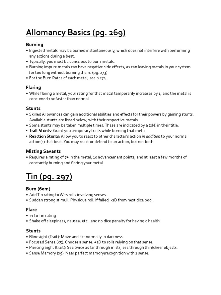 Allomancy Summary - EN | PDF | Metals