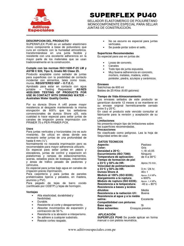 Superflex Pu 40 | PDF | Agua | Hormigón