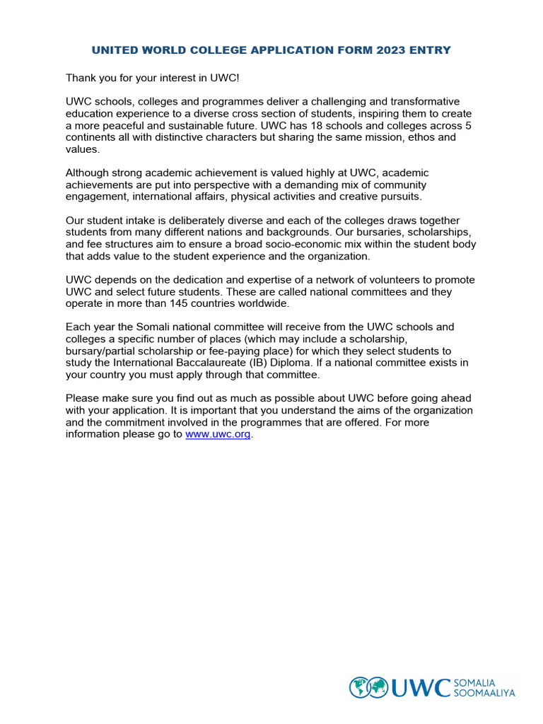 Uwc Somalia 2023 Entry Application Form 281331829 Pdf