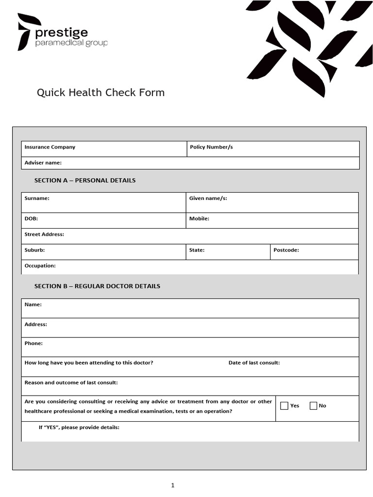 Prestige Paramedical Health Check Form | PDF | Blood Pressure | Paramedic