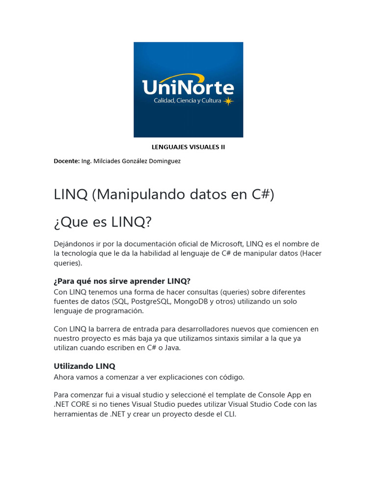 LINQ | PDF | C Sharp (lenguaje de programación) | Consulta integrada de ... LINQ | PDF | C Sharp (lenguaje de programación) | Consulta integrada de ...