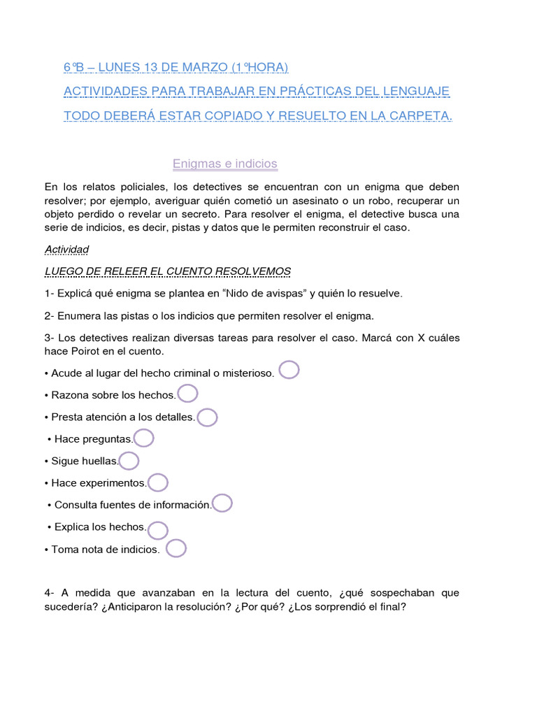 Actividades sobre el enigma de Poirot | PDF | Novela negra, policíaca y ...