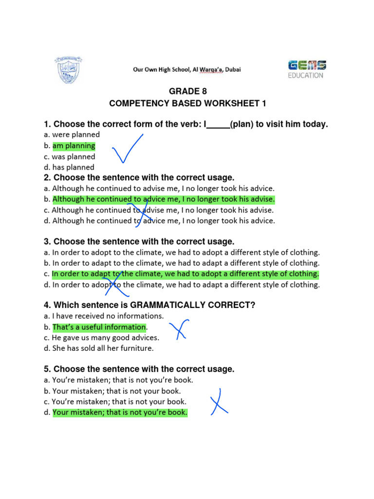 Grade 8 Competency Based Worksheet 1 | PDF | Cognitive Science | Syntax