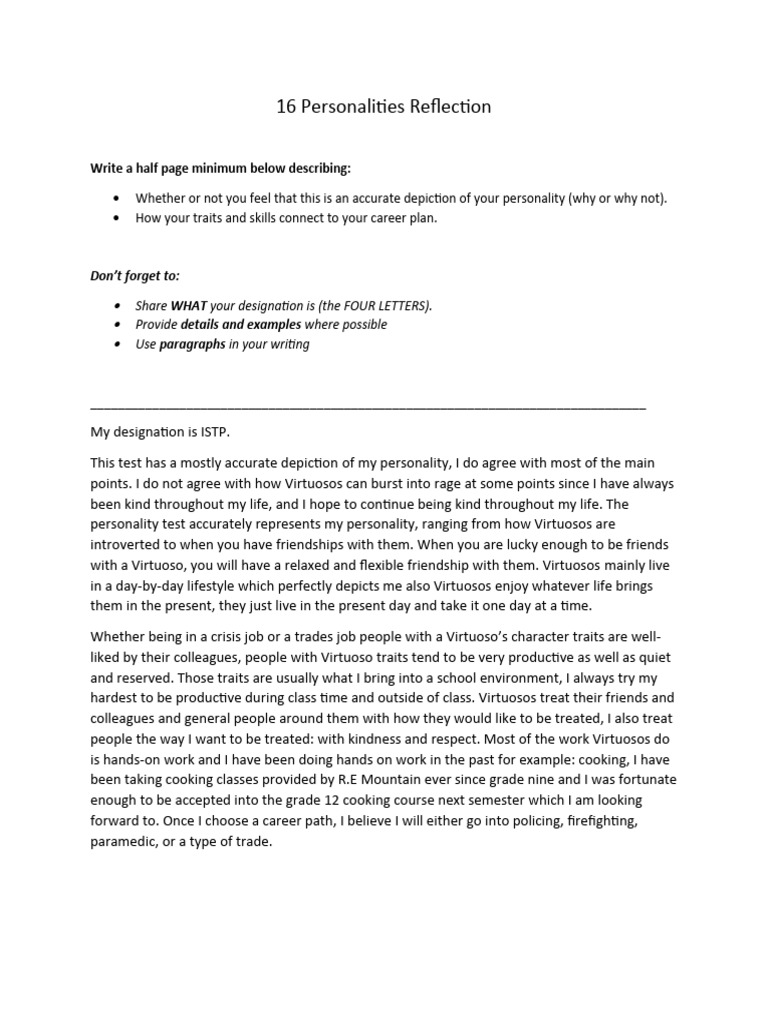 16 Personalities Reflection | PDF