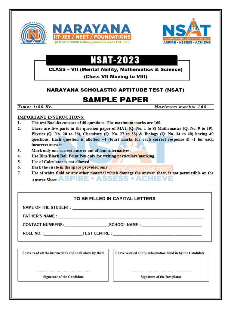 Class VII TO VIII NSAT-QP | PDF | Mathematics