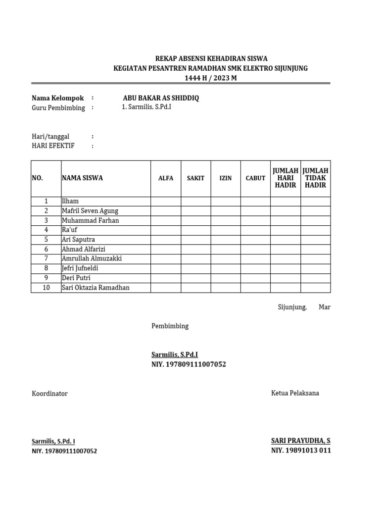 Rekap Absensi Pesantren Ramadhan 2023 | PDF