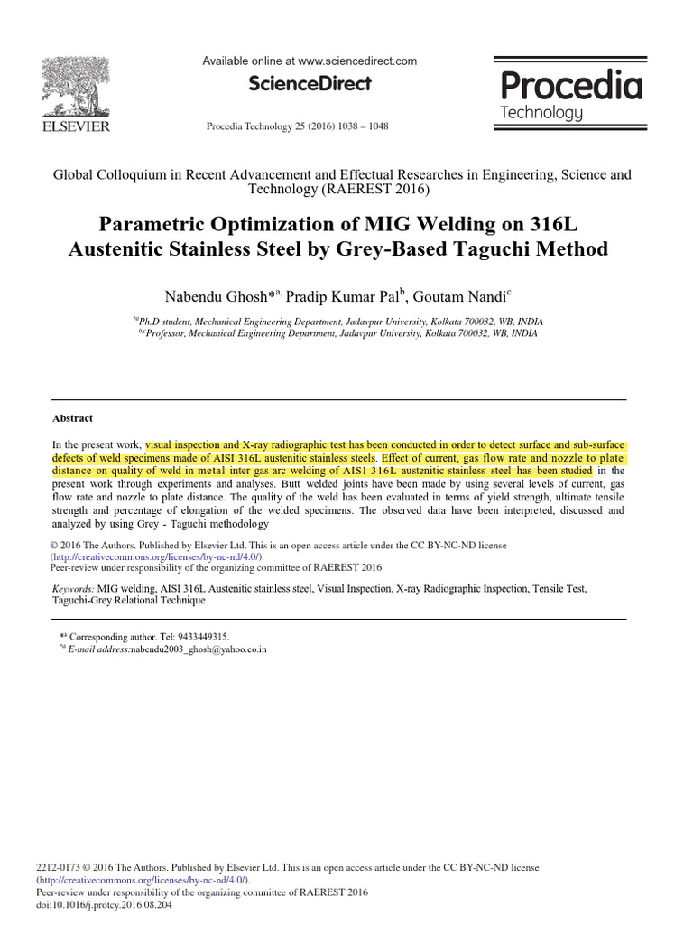 Parametric Optimization of MIG Welding On 316L Austenitic Stainless Steel by Grey-Based Taguchi ...