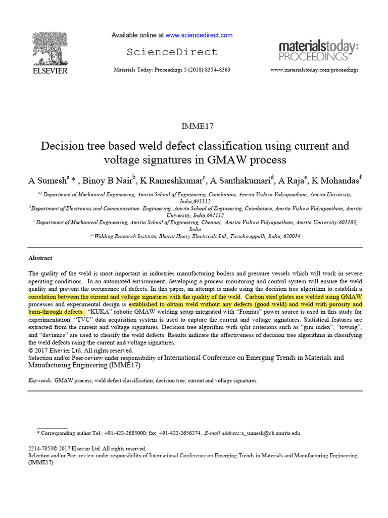 Decision Tree Based Weld Defect Classification Using Current and Voltage Signatures in GMAW ...