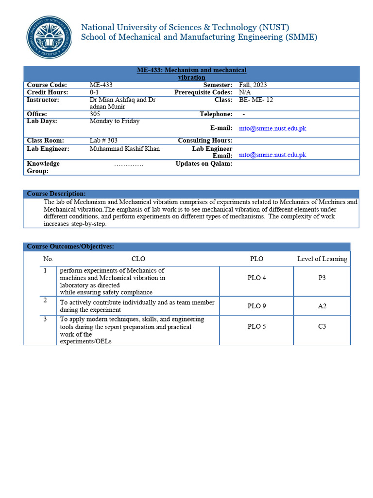 Mechanism and Mechanical Vibration (Lab Work) Teaching Plan | PDF | Gear | Pendulum