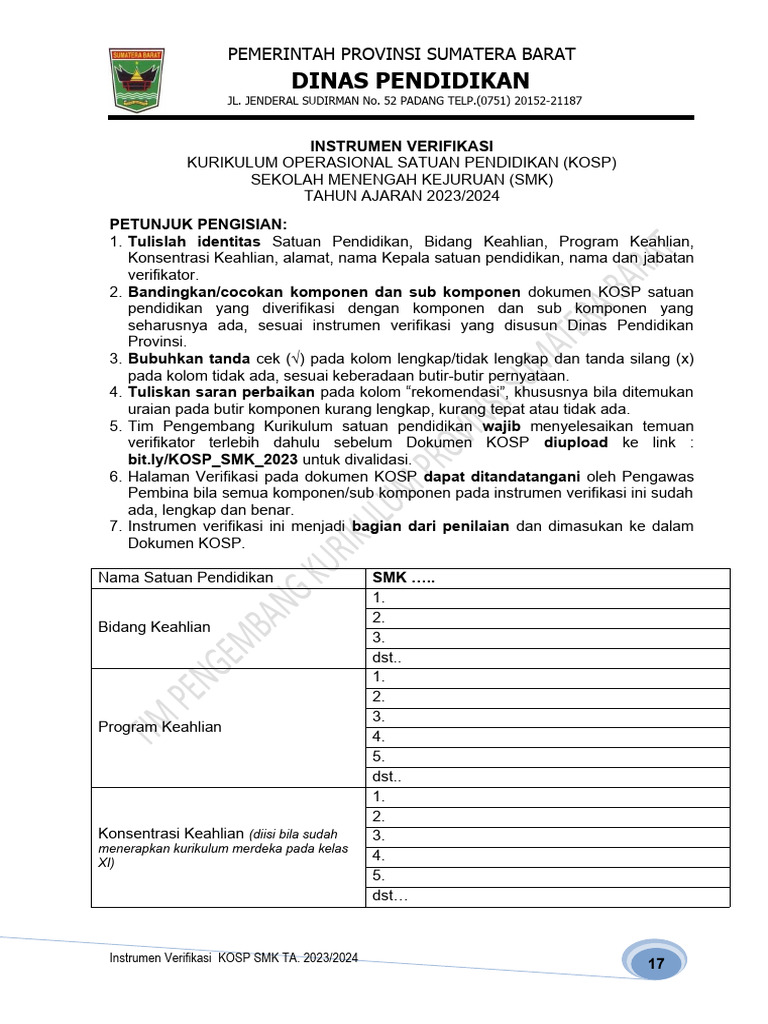 Instrumen Verifikasi Kosp SMK TP 2023-2024 Final | PDF