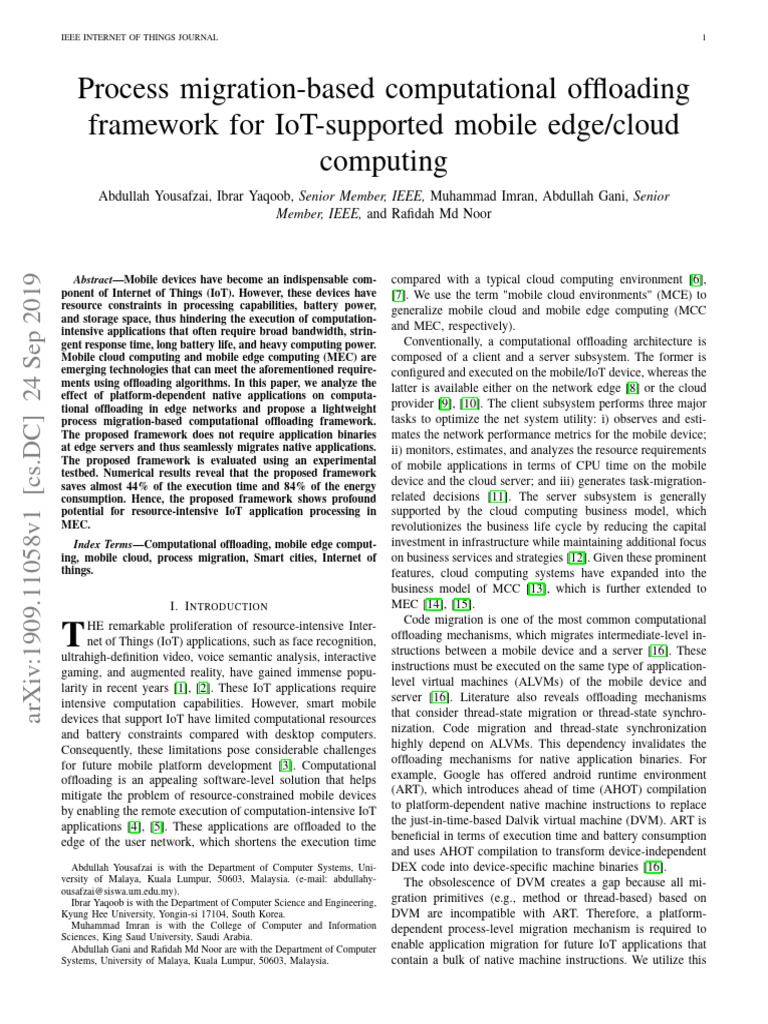 Process Migration-Based Computational Offloading Framework For Iot-Supported Mobile Edge/Cloud ...