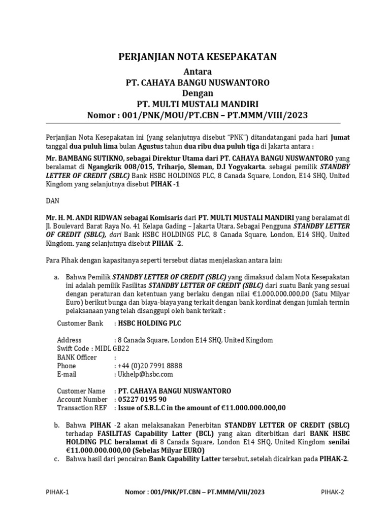 Draft Perjanjian Nota Kesepakatan | PDF | Pengelolaan Keuangan & Uang