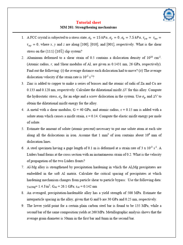 Tutorial - Strengthening Mechanisms | PDF | Dislocation | Yield (Engineering)