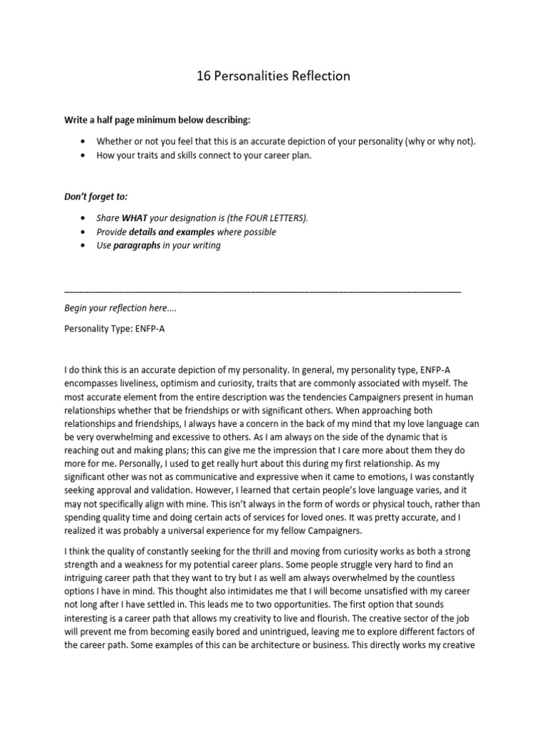 ENFP-A Personality Reflection and Career Insights | PDF | Psychological ...