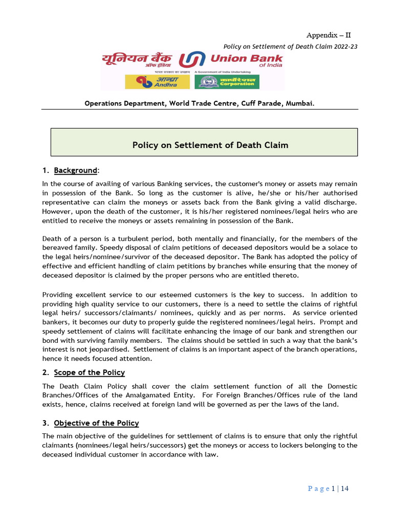 Policy On Settlement of Death Claims | PDF | Will And Testament ...