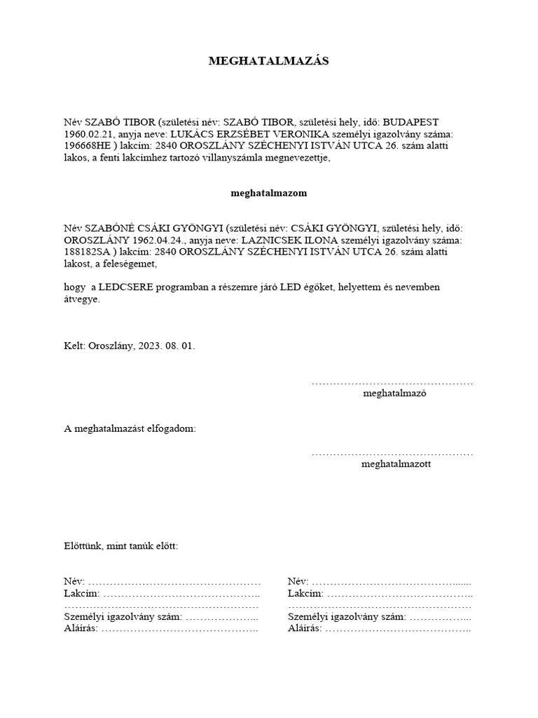 Meghatalmazás minta | PDF