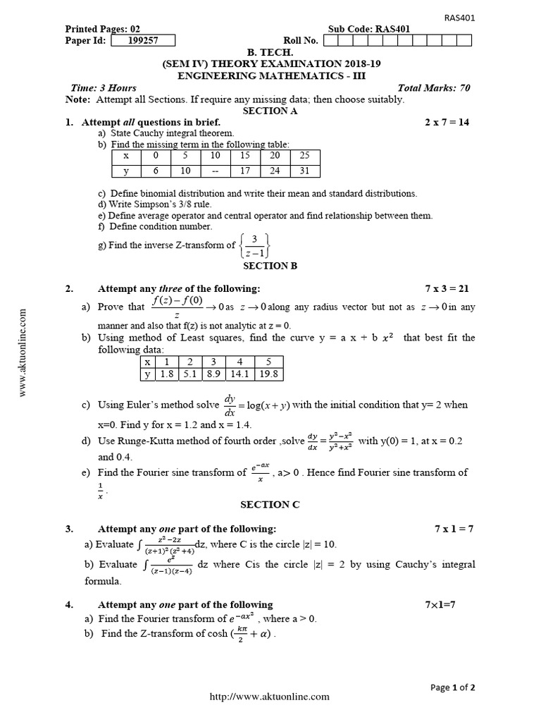 Btech 4 Sem Engineering Mathematics 3 Ras401 2019 | PDF | Fourier Transform | Mathematical Analysis