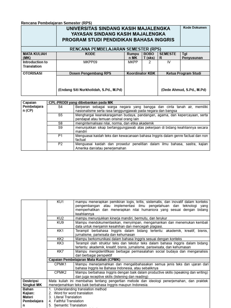 RPS Introduction To Translation - Ok | PDF | Kajian Bahasa Asing
