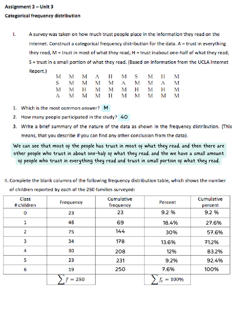 Assignment 3 - Unit 3 Categorical Frequency Distribution I. A Survey Was Taken On How Much Trust ...